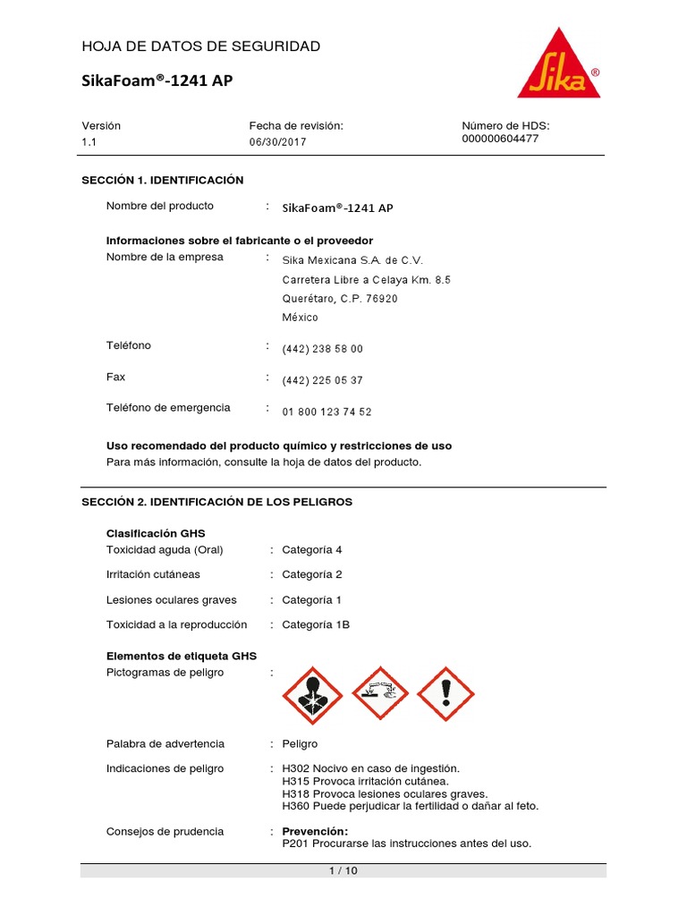 Msds Sikafoam-1241 AP | PDF | Agua | Solubilidad