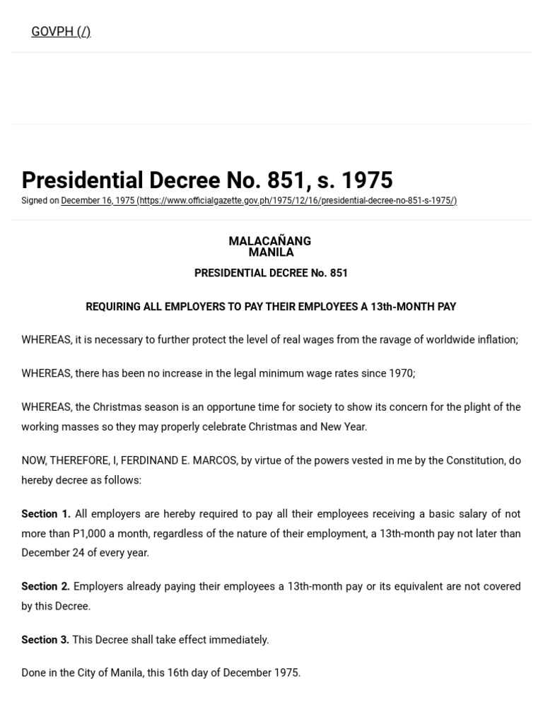 Presidential Decree No. 851: 13th-Month Pay | PDF | Decree | Government