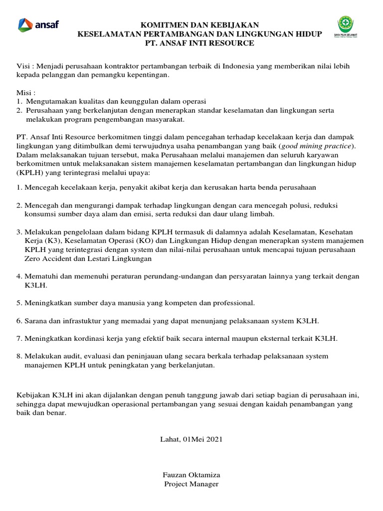 Kebijakan K3LH TSS | PDF | Bisnis