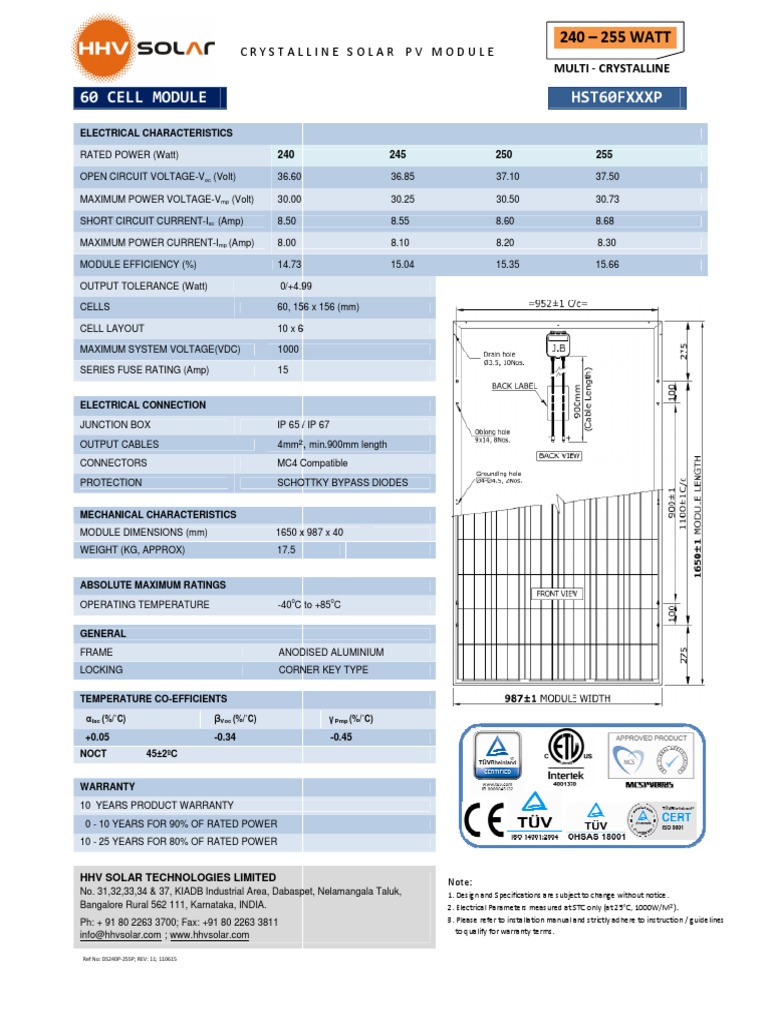 240Wp HHV Solar DATASHEET | PDF | Amplifier | Solar Panel