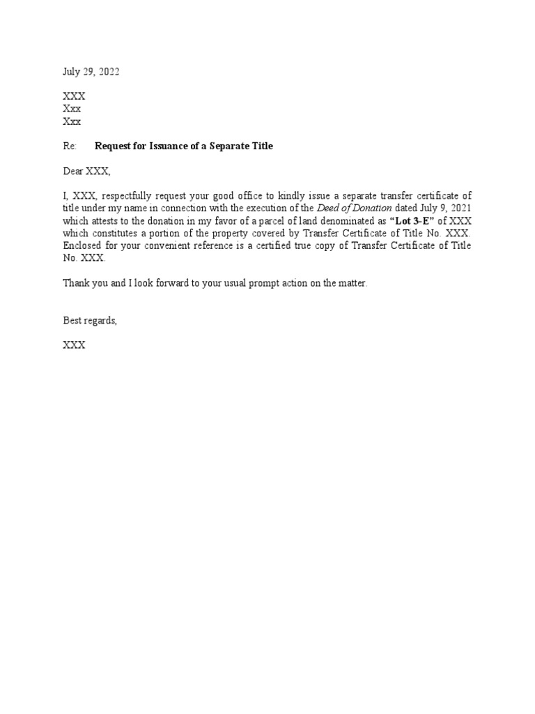 Request for Separate Land Title Issuance | PDF | Law | Home & Garden