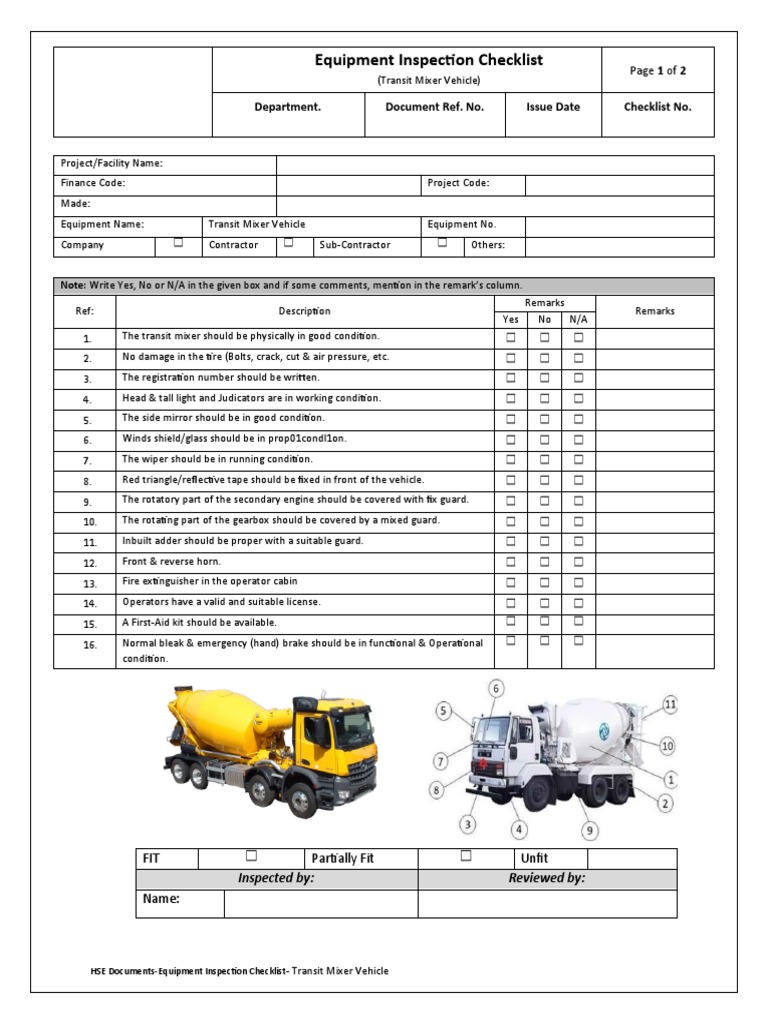 Transit Mixer Inspection Checklist | PDF | Vehicles | Automotive Industry