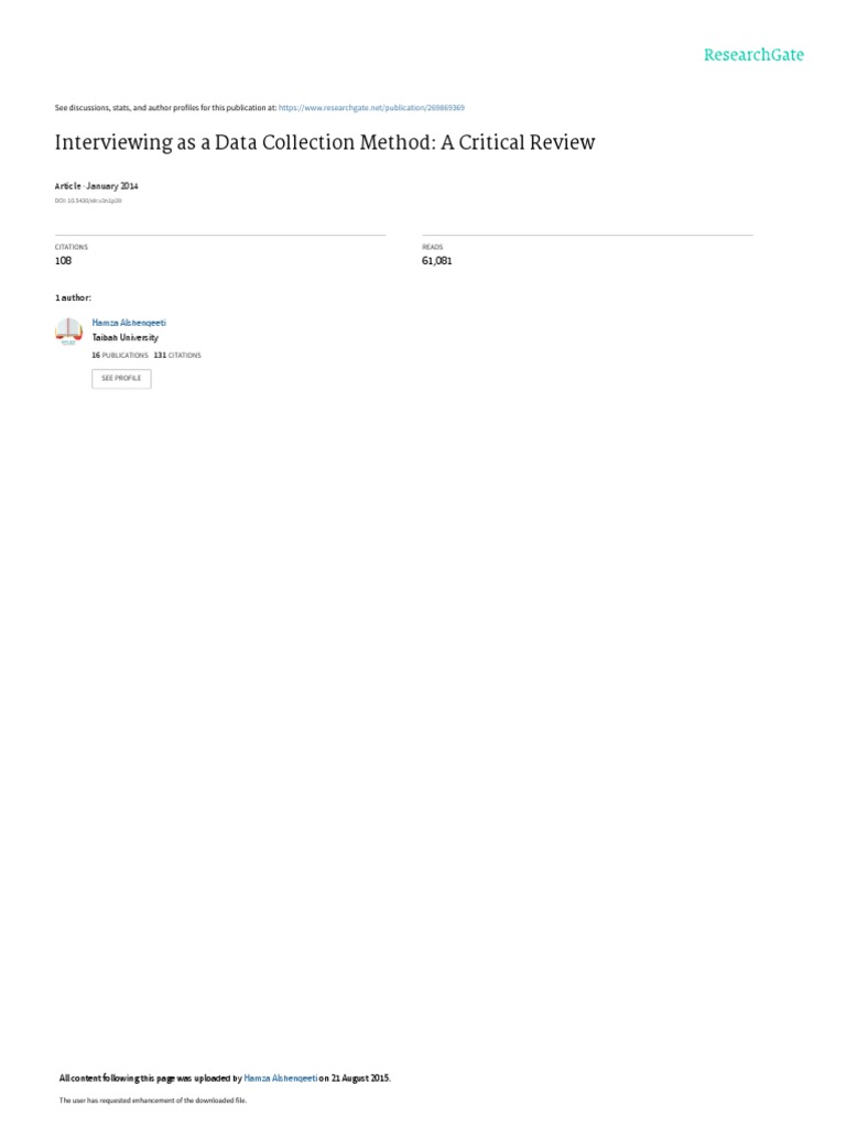 Interviewing As A Data Collection Method: A Critical Review: January 2014 | PDF | Qualitative ...