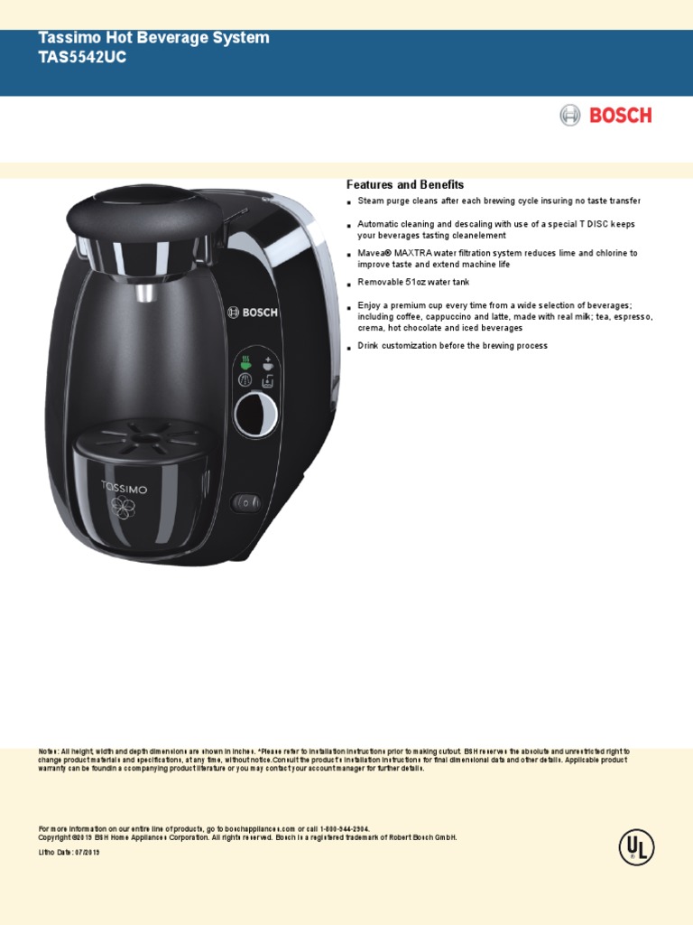 Bosch Tassimo Spec Sheet | PDF | Drink