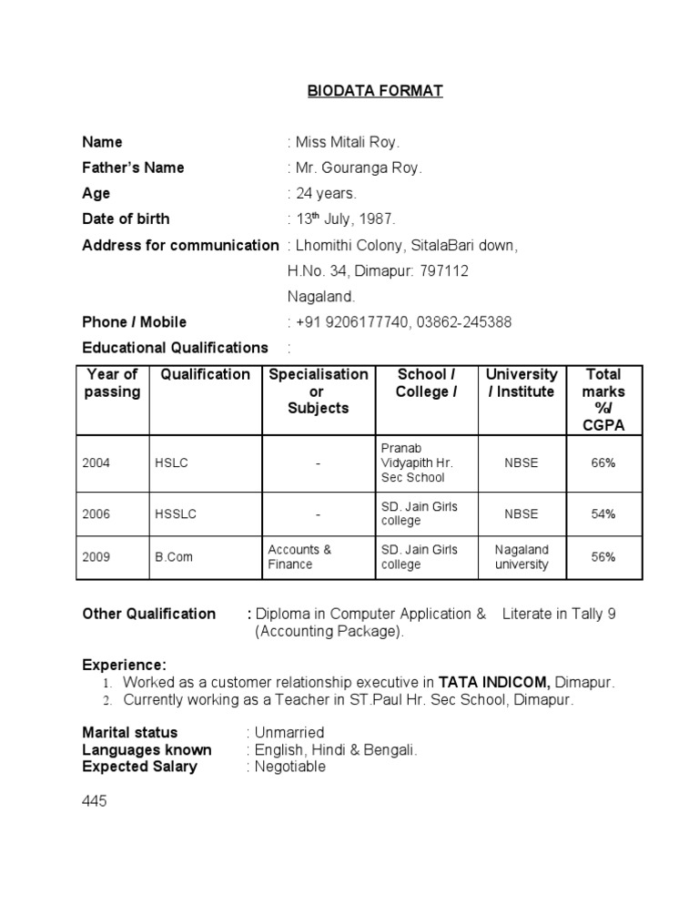 Mitali Roy's Professional Biodata | PDF