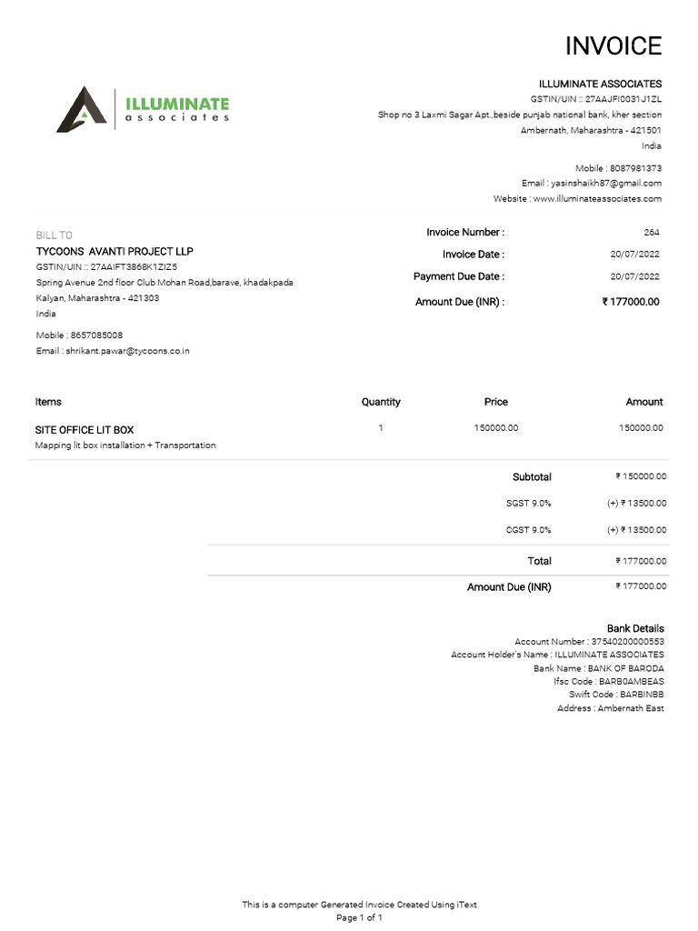 Invoice - Tycoons Avanti Project LLP - 264-1 | PDF | Economies | Money