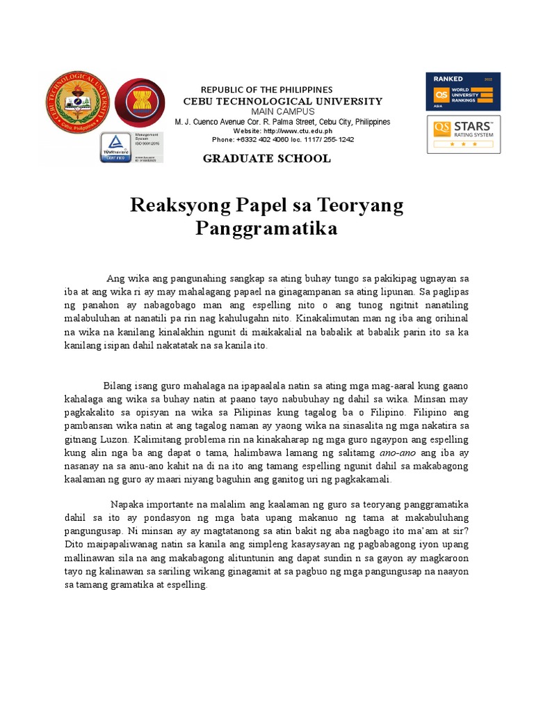 Reaksyon Sa Teoryang Panggramatika Ni Artemio Echavez Jr. | PDF