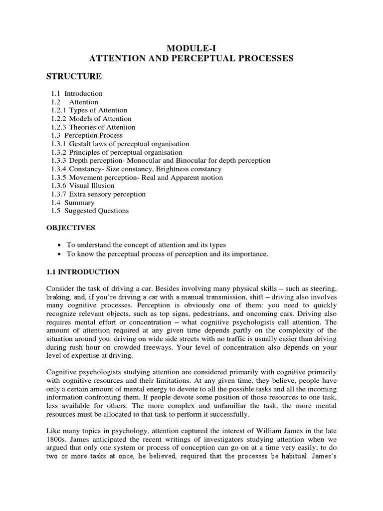 BA Sem II Cognitive Psychology SLM-Module 1 | PDF | Perception | Attention