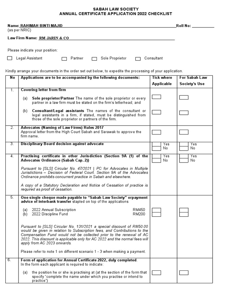 Sabah Law Society 2022 Certificate Checklist | PDF | Accountant | Advocate