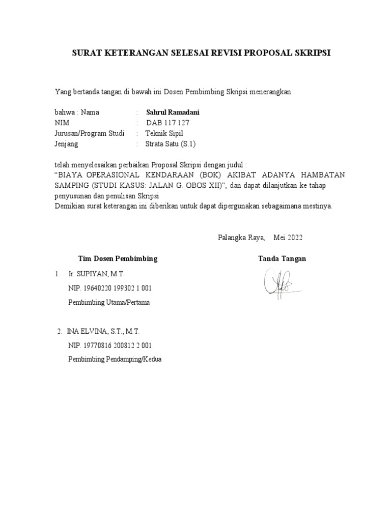 Surat Keterangan Revisi Proposal Skripsi | PDF