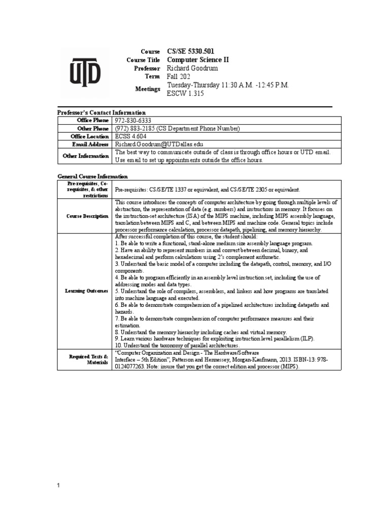 CS-SE 5330.501 Syllabus Fall 2021 | PDF | Computer Architecture | Assembly Language