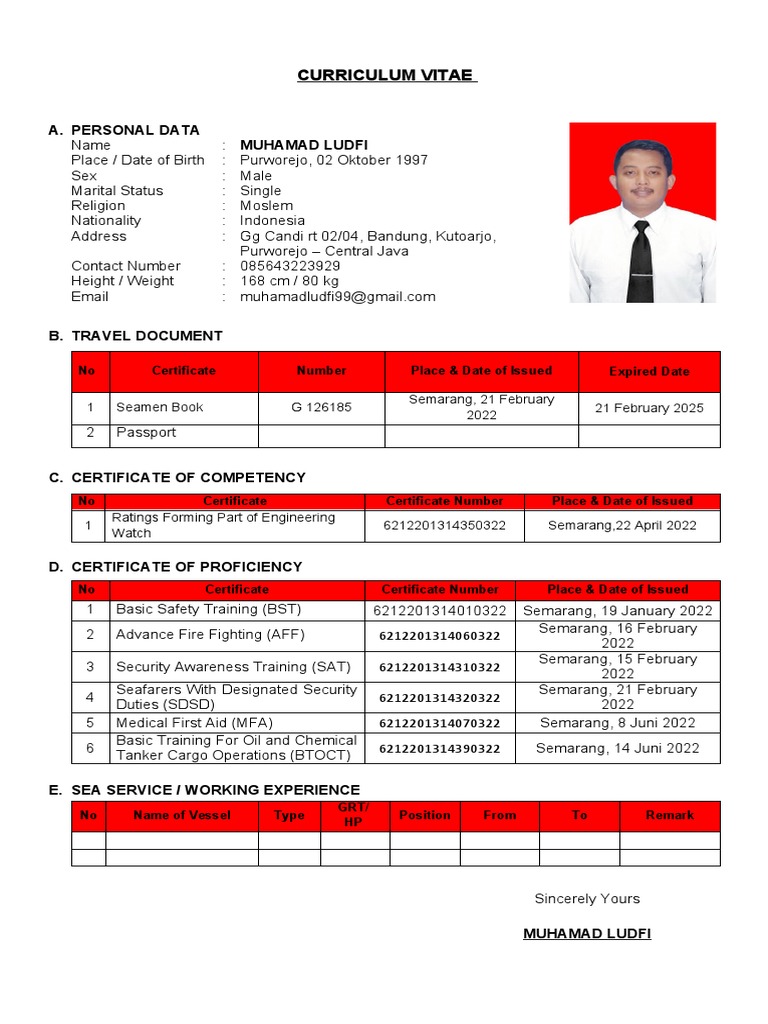 New Curriculum Vitae Muhamad Ludfi-1 | PDF | Shipping | Water Transport