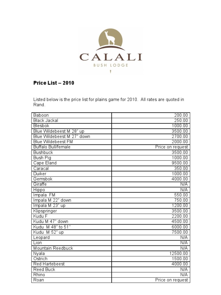 2010 Plains Game Price List | PDF