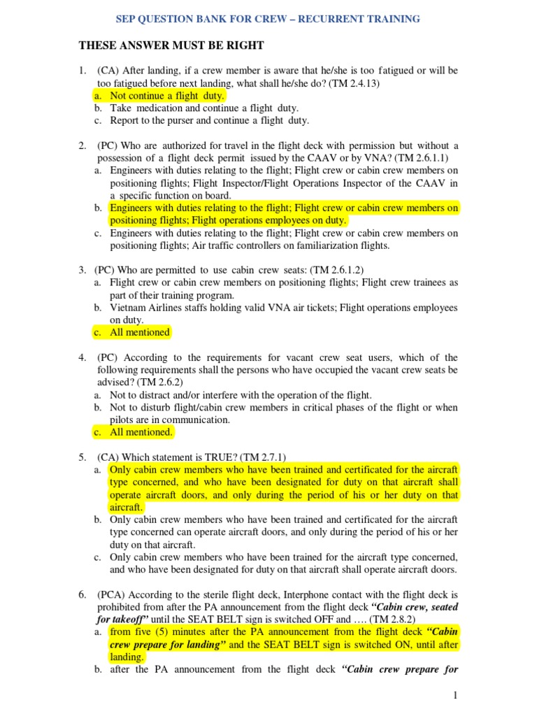 These Answer Must Be Right: Sep Question Bank For Crew - Recurrent Training | PDF | Flight ...