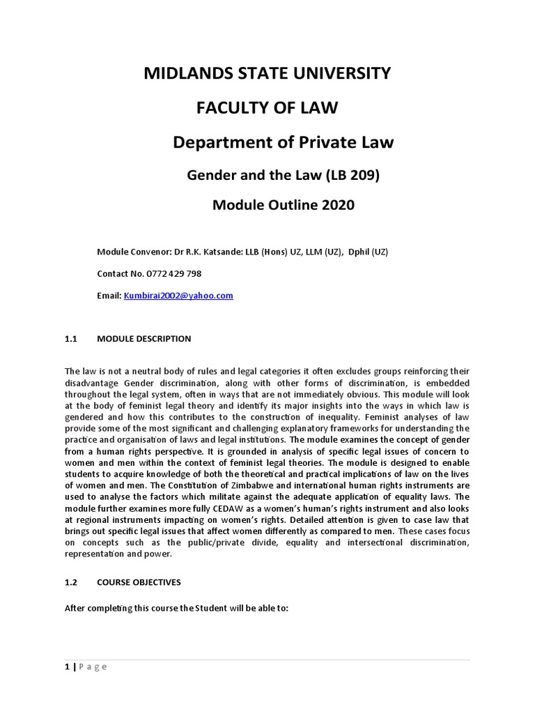 MODULE OUTLINE - Gender and Law LB209 2020 | PDF | Gender Studies ...