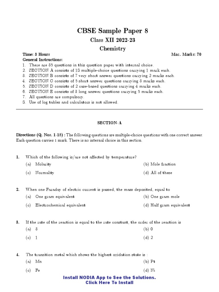 CH Sample Paper 8 Unsolved-2 | PDF | Chemical Reactions | Materials