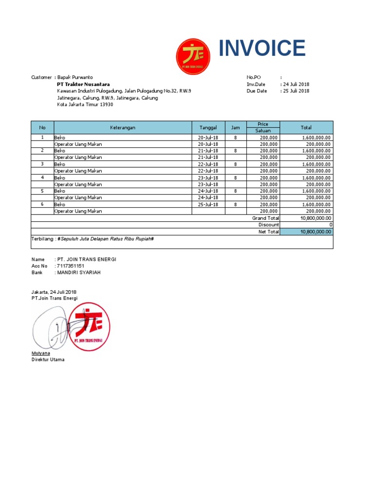 003 - Invoice PT - Trakror Nusantara - 24 Juli 2018 | PDF