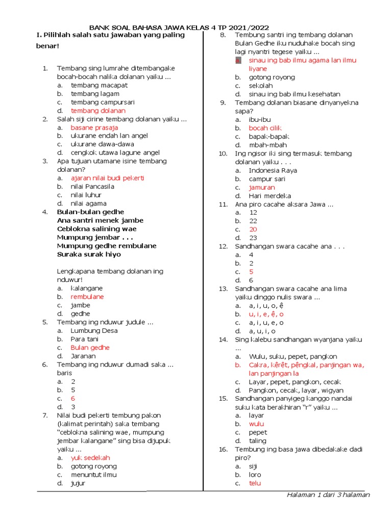 Bank Soal Bhs Jawa Kls 4 | PDF | Kajian Bahasa Asing | Seni
