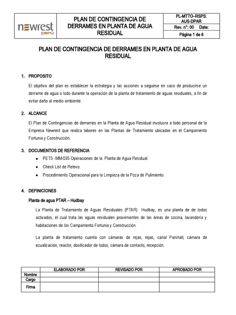 Plan de Contingencia Por Derrames | PDF | Agua | Aguas residuales Plan de Contingencia Por Derrames | PDF | Agua | Aguas residuales
