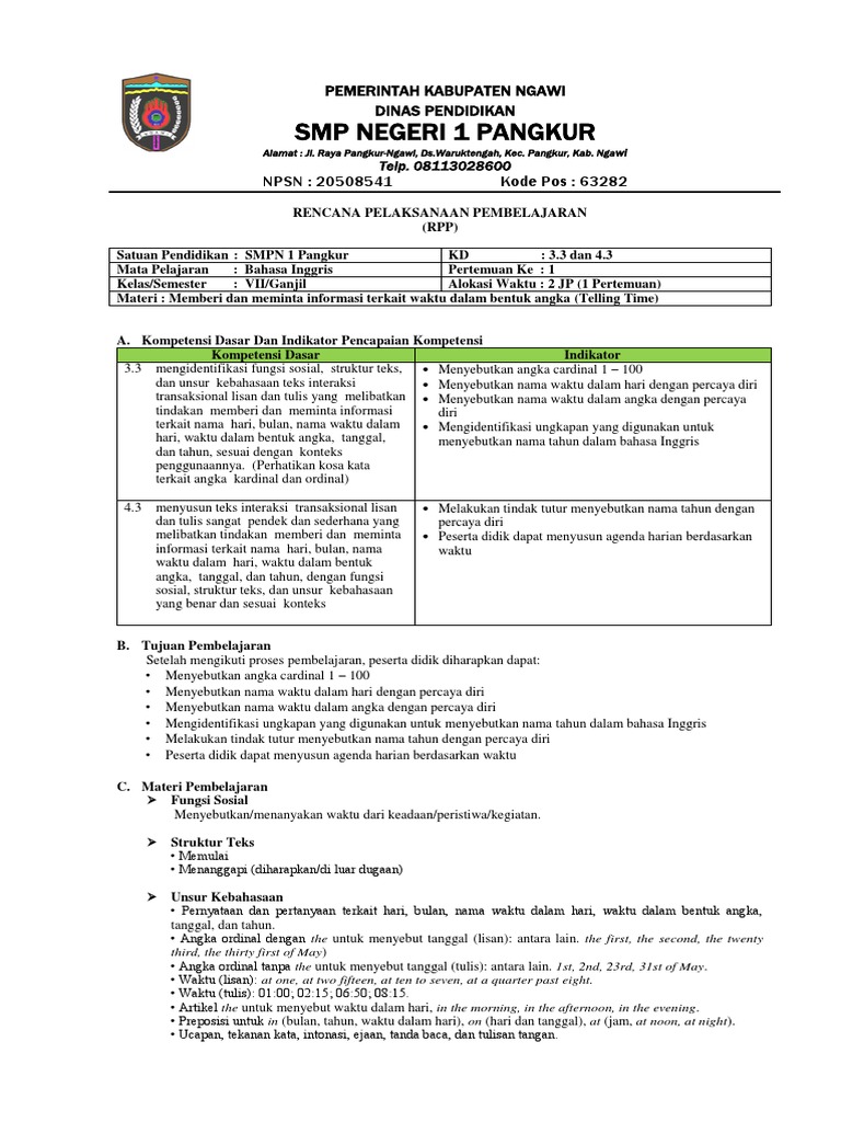 RPP Bahasa Inggris: Telling Time | PDF | Karier & Perkembangan | Sains ...