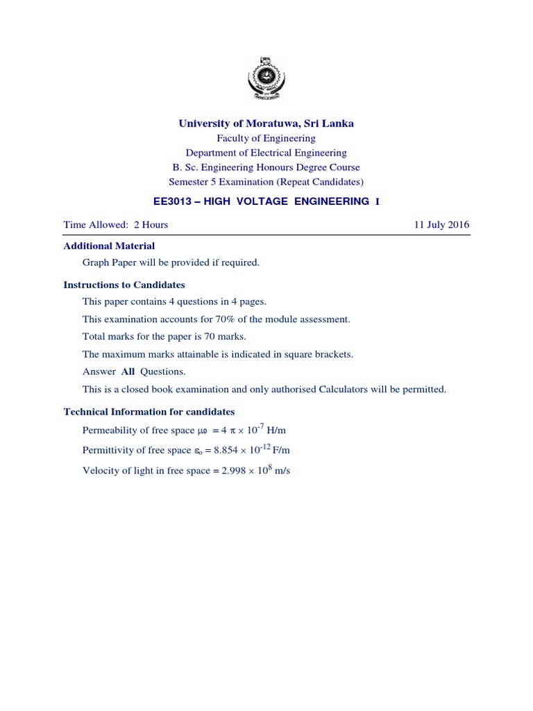 EE3013 Jul2016 | PDF | Electrical Breakdown | Capacitor