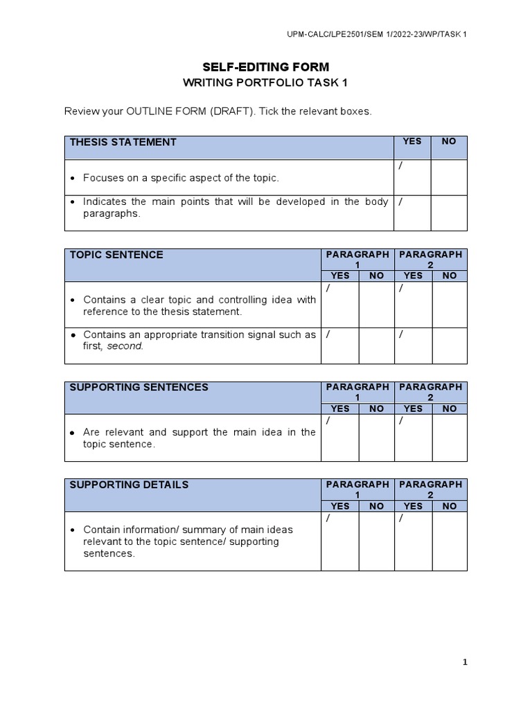 Lpe2501 Writing Portfolio Task 1 (Self-Editing Form) | PDF