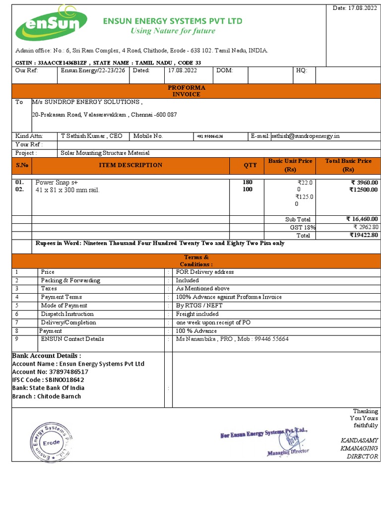 Proforma Invoice for Solar Materials | PDF | Payments