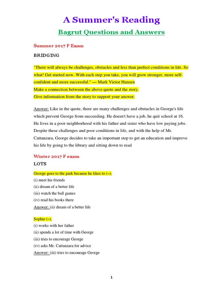 A Summer's Reading: Bagrut Questions and Answers | PDF | Thought ...