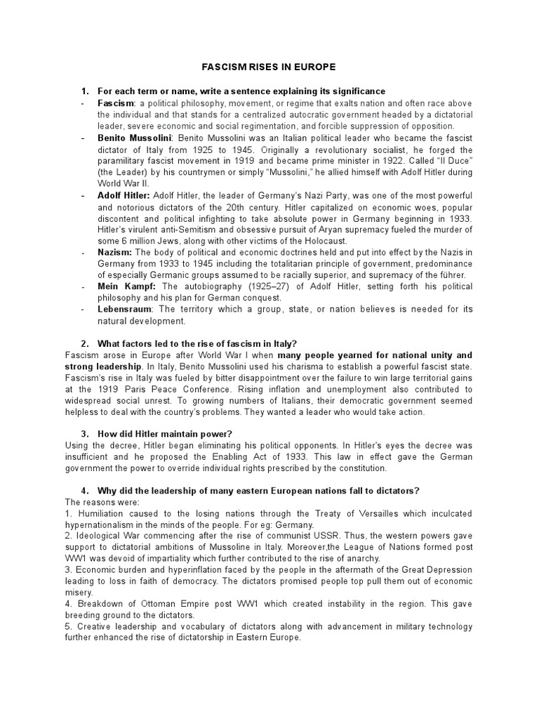 Act Hist Fascism Rises in Europe | PDF | Fascism | Benito Mussolini