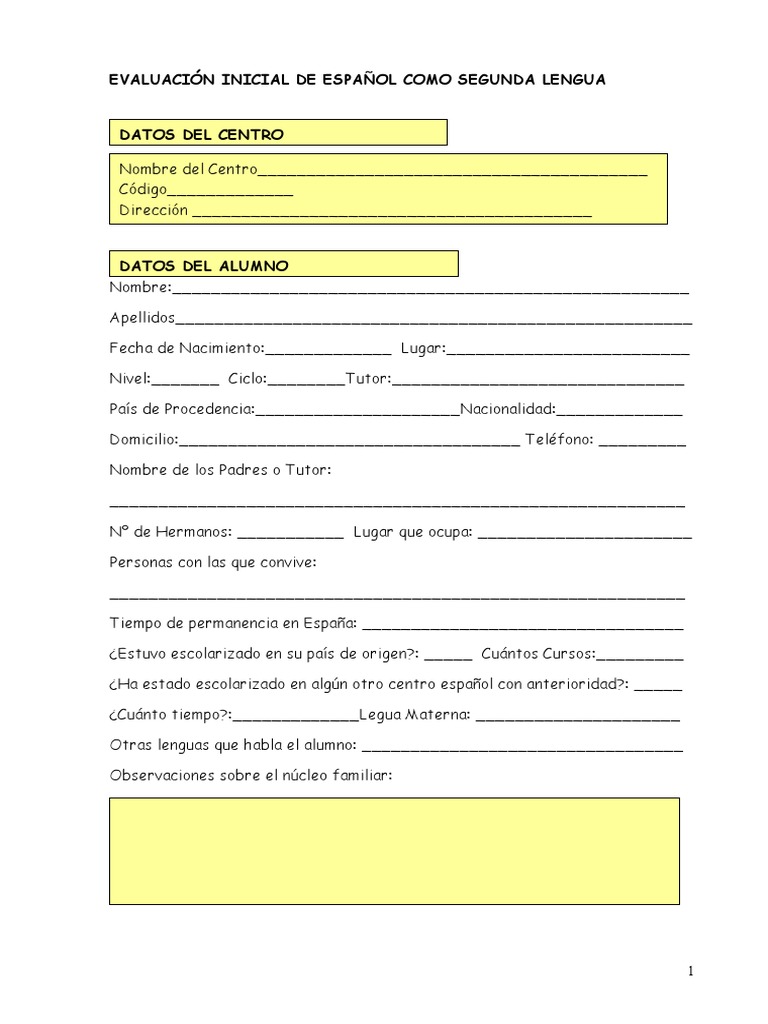 Evaluación Inicial Del Español Como Segunda Lengua | PDF | Palabra ...