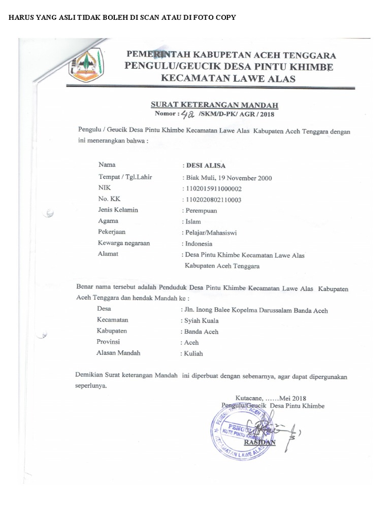 Contoh Surat Mandah Pindah Sementara | PDF