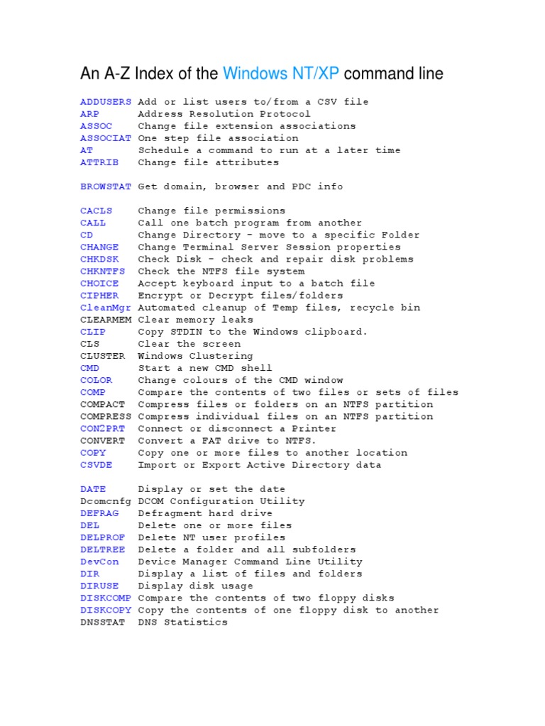 An A-Z Index of The Command Line: Windows NT/XP | PDF | Computer File | Windows Registry