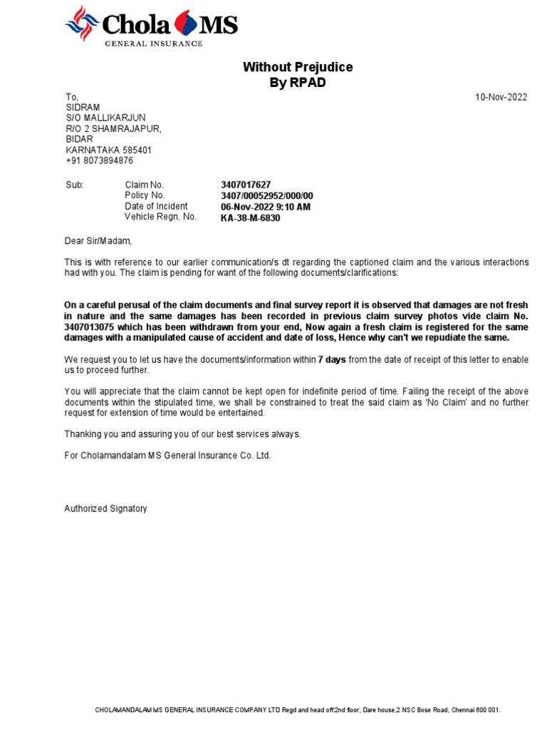 Claim Repudiation Notice to Policyholder | PDF