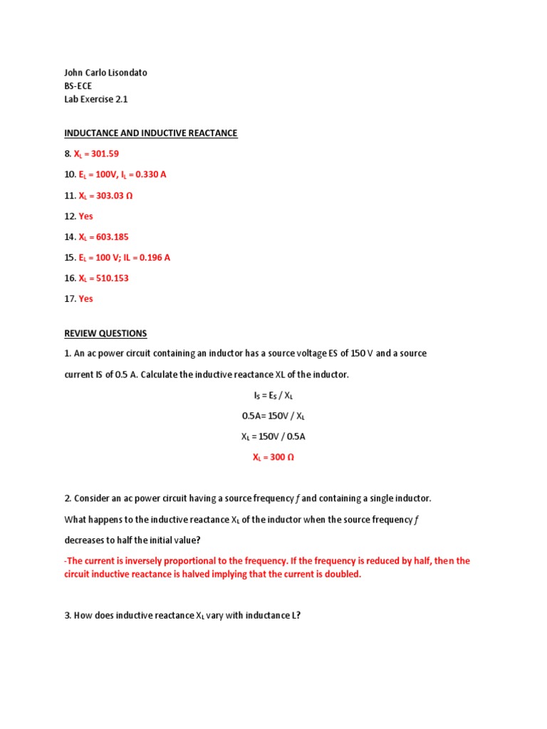 Lisondato - Laboratory Exercise 2-1 (Inductive Reactance) | PDF