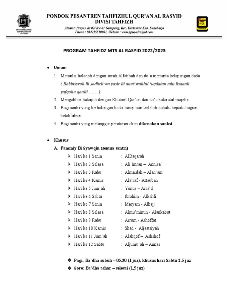 Program Tahfidz Mts 2022-2023 | PDF