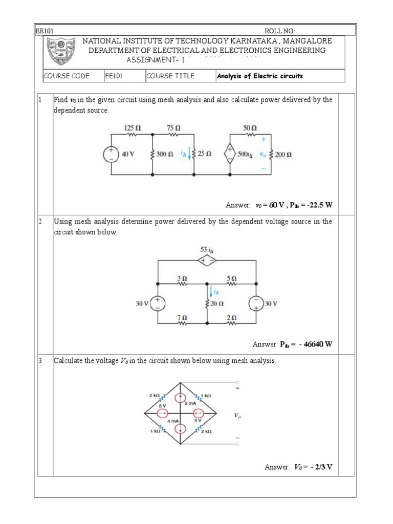 EE101 Assignment-1 | PDF