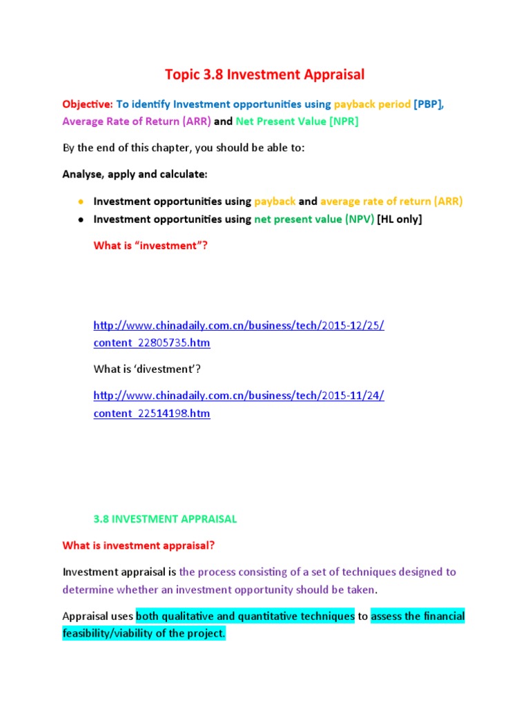 Topic 3 8 Investment Appraisal | PDF | Net Present Value | Discounting