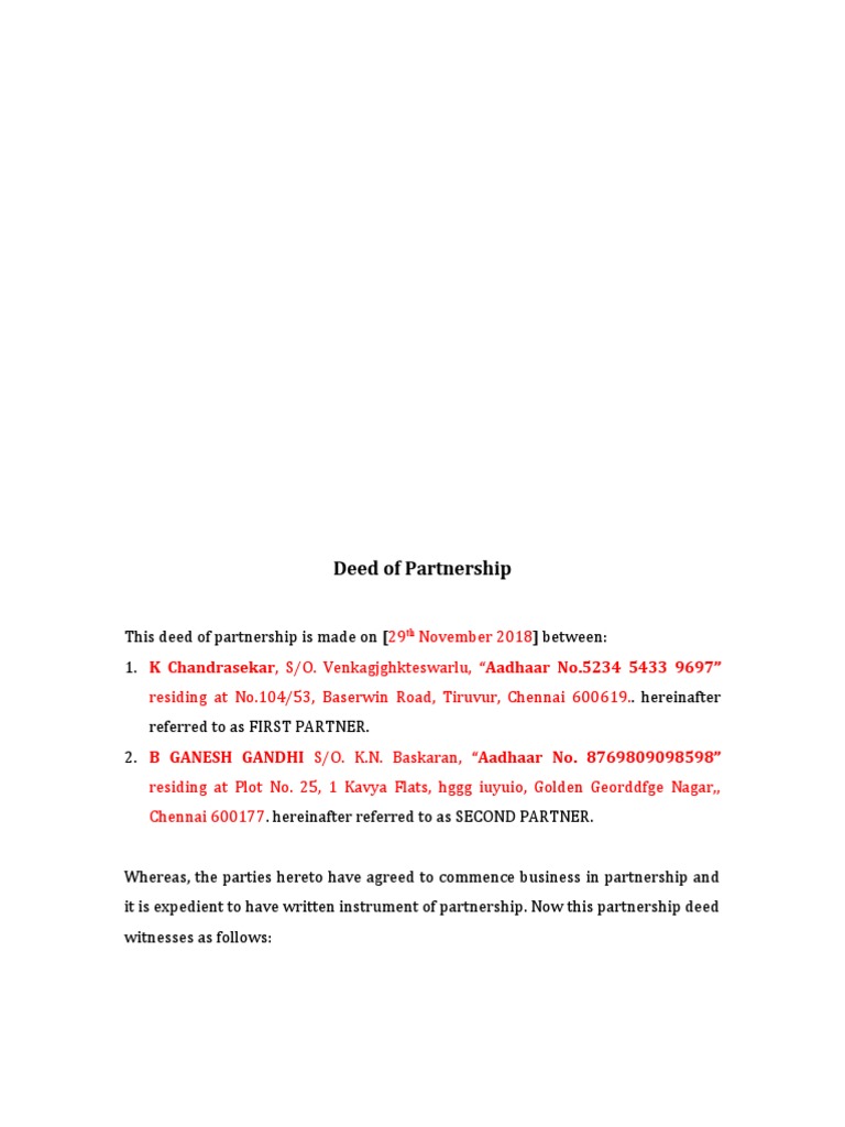 Partnership Deed Format | PDF | Partnership | Transaction Account
