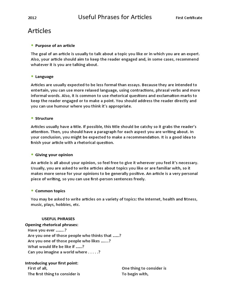 Useful Phrases For Articles | PDF | Phrase | Question