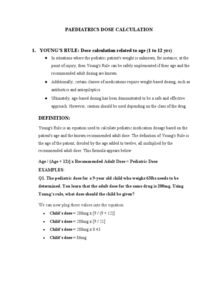 Pediatric Dose Calculation Methods | PDF | Dose (Biochemistry) | Chemistry