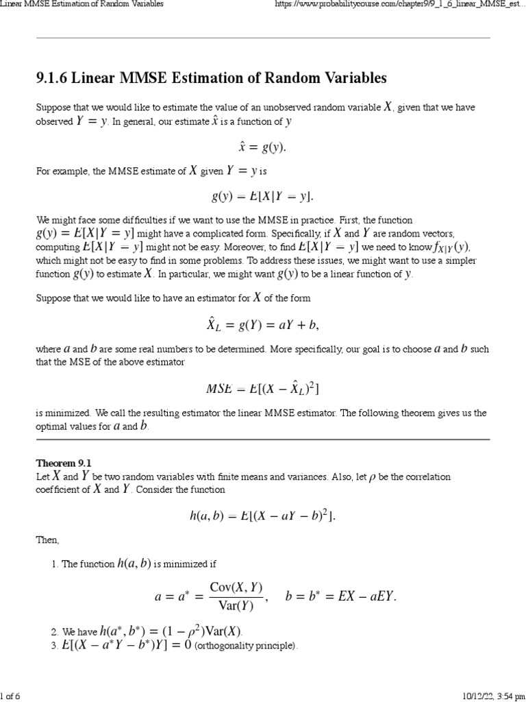 Linear MMSE Estimation of Random Variables | PDF | Variance | Mean Squared Error