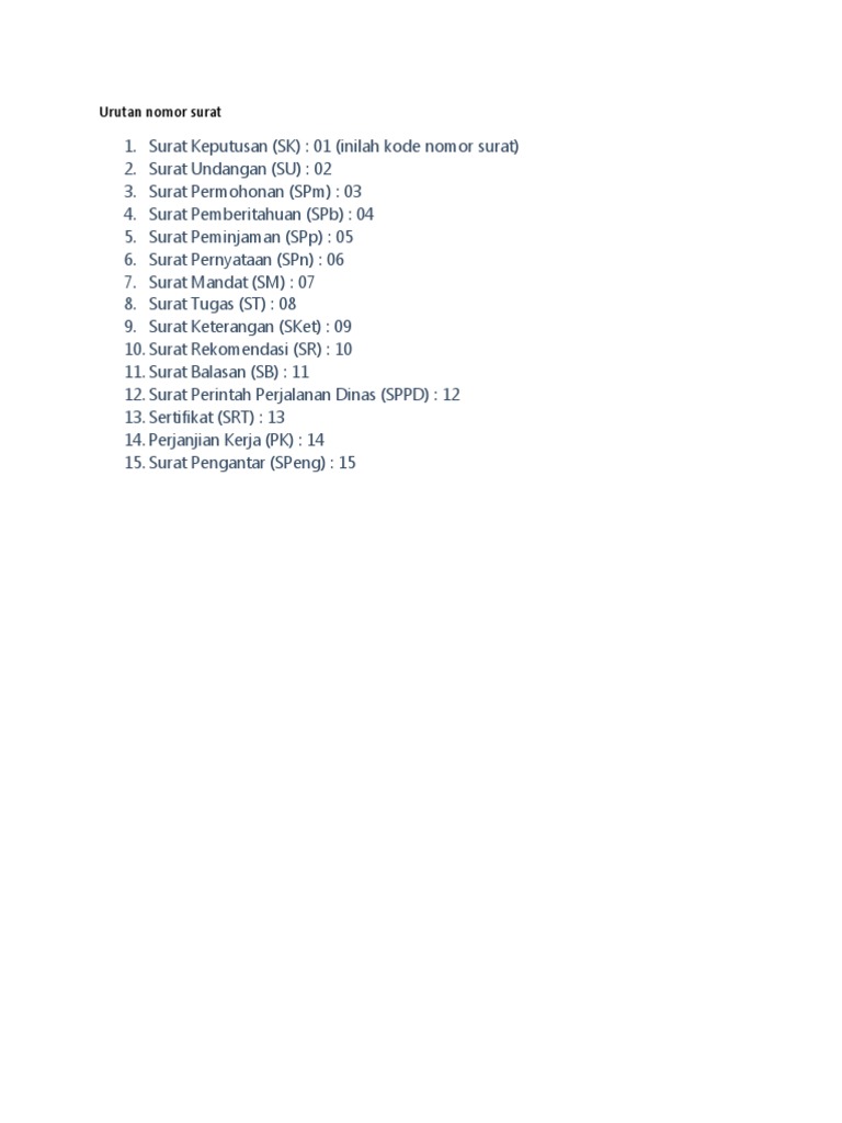 Daftar Urutan Nomor Surat Resmi | PDF