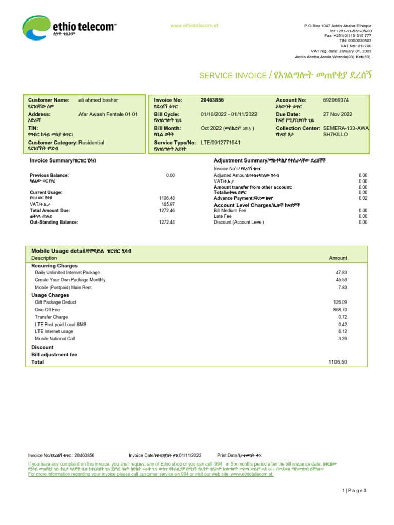 Ethio Telecom Customer Invoice for Ali Ahmed Besher Detailing Mobile ...