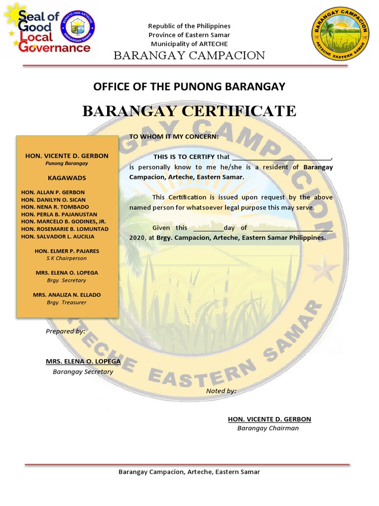 Barangay Campacion Certification Sample | PDF