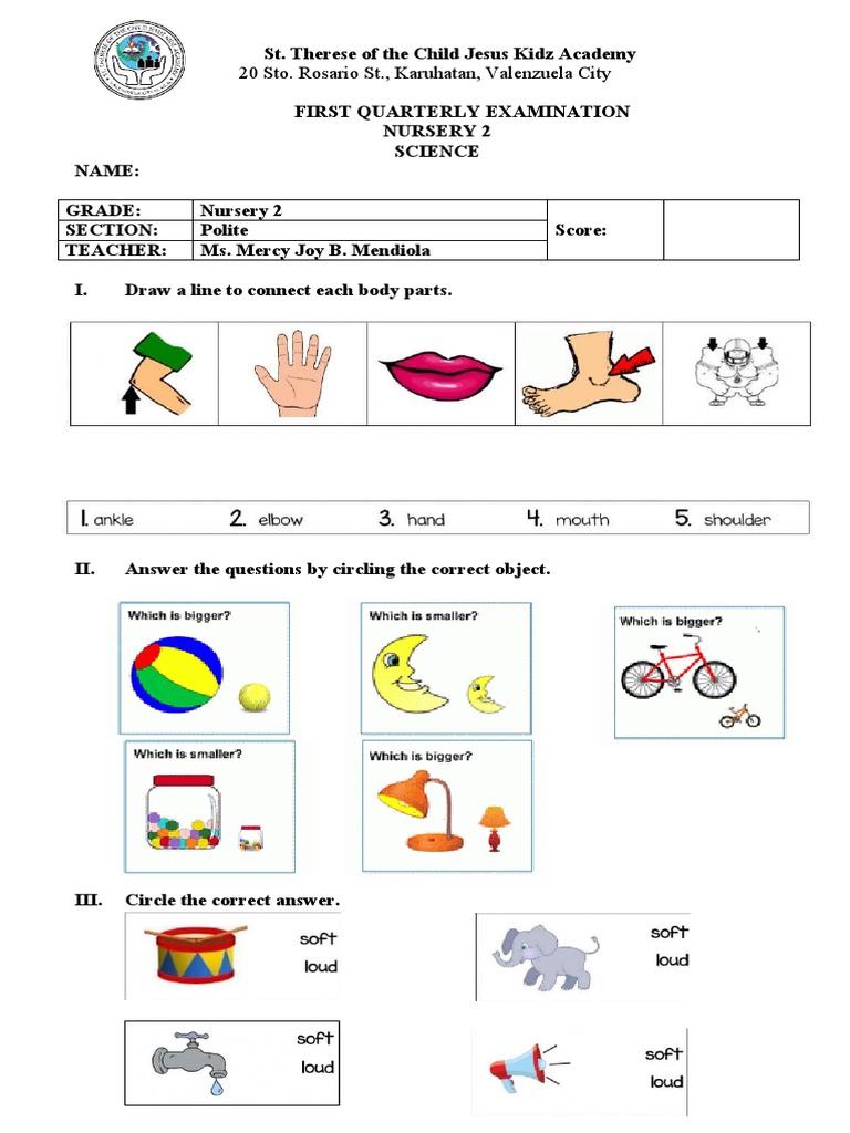 Nursery 2 Students' First Quarterly Examinations Covering Science ...