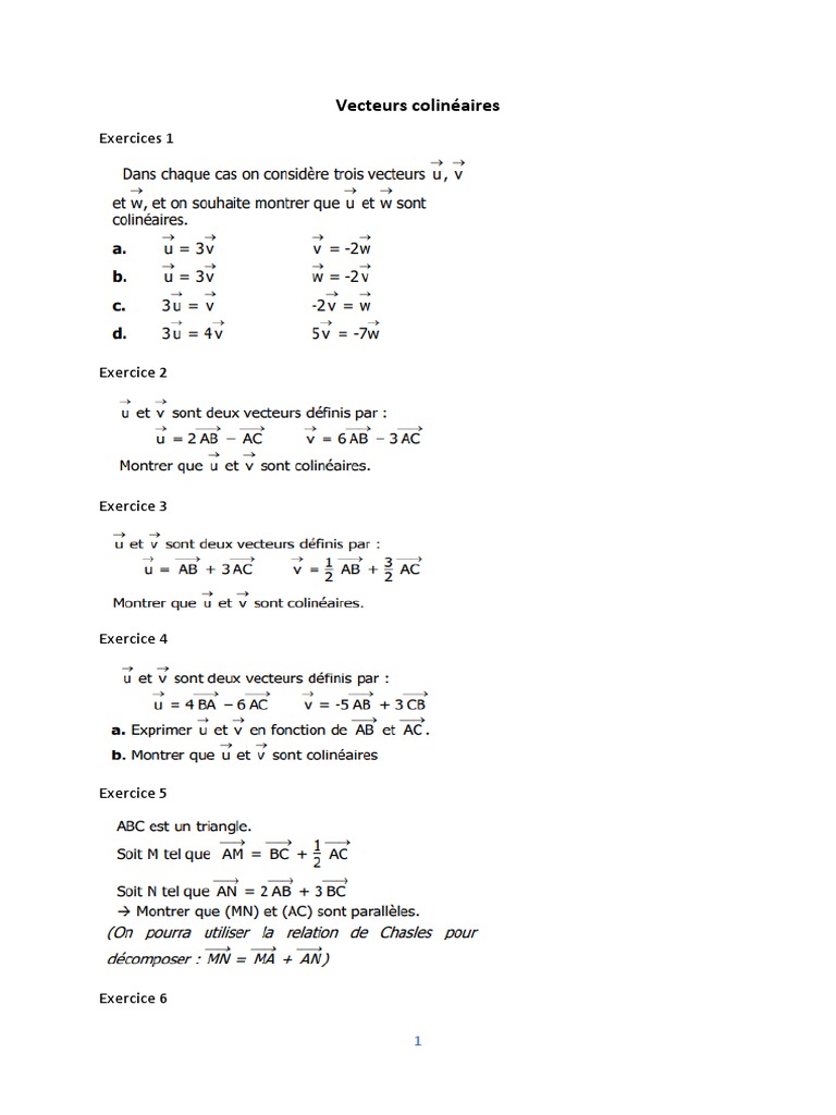 Vecteurs colinéaires exercices 1 à 10 | PDF