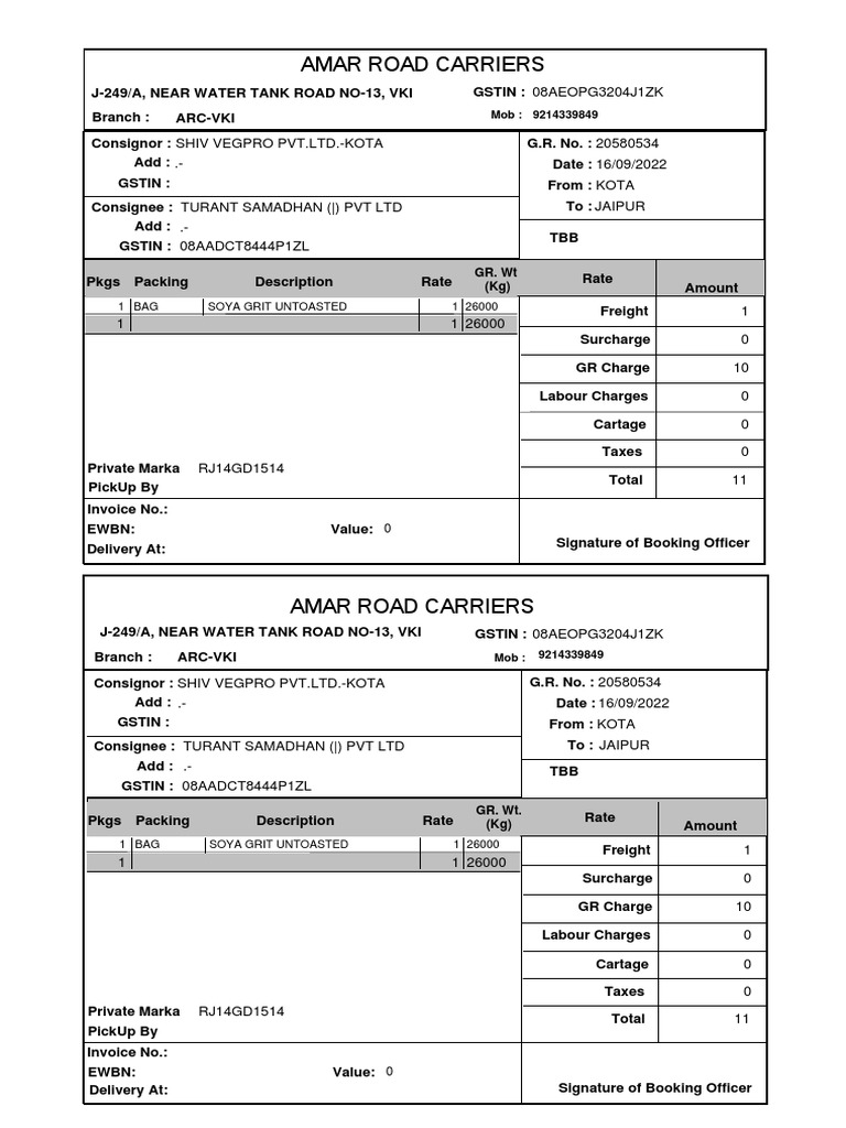 Turant Delivery Goods Bilty Details | PDF | Freight Transport