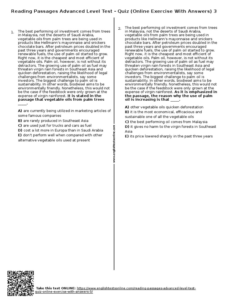 392 - Reading Passages Advanced Level Test Quiz Online Exercise With ...