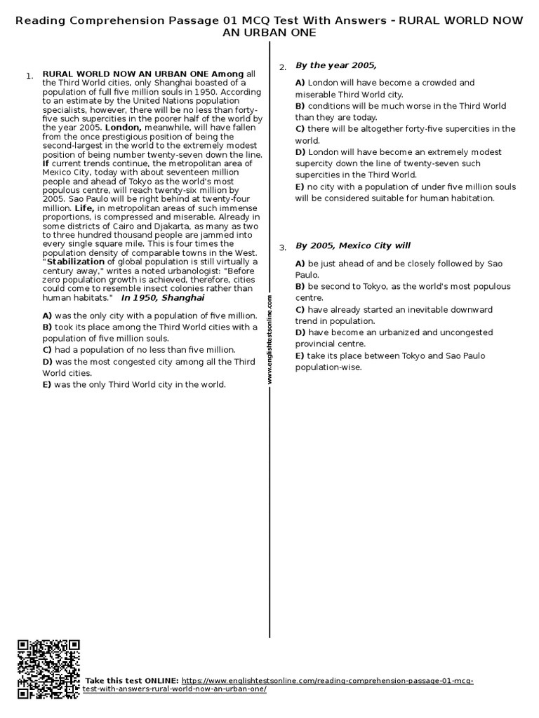 571 - Reading Comprehension Passage 01 MCQ Test With Answers Rural ...