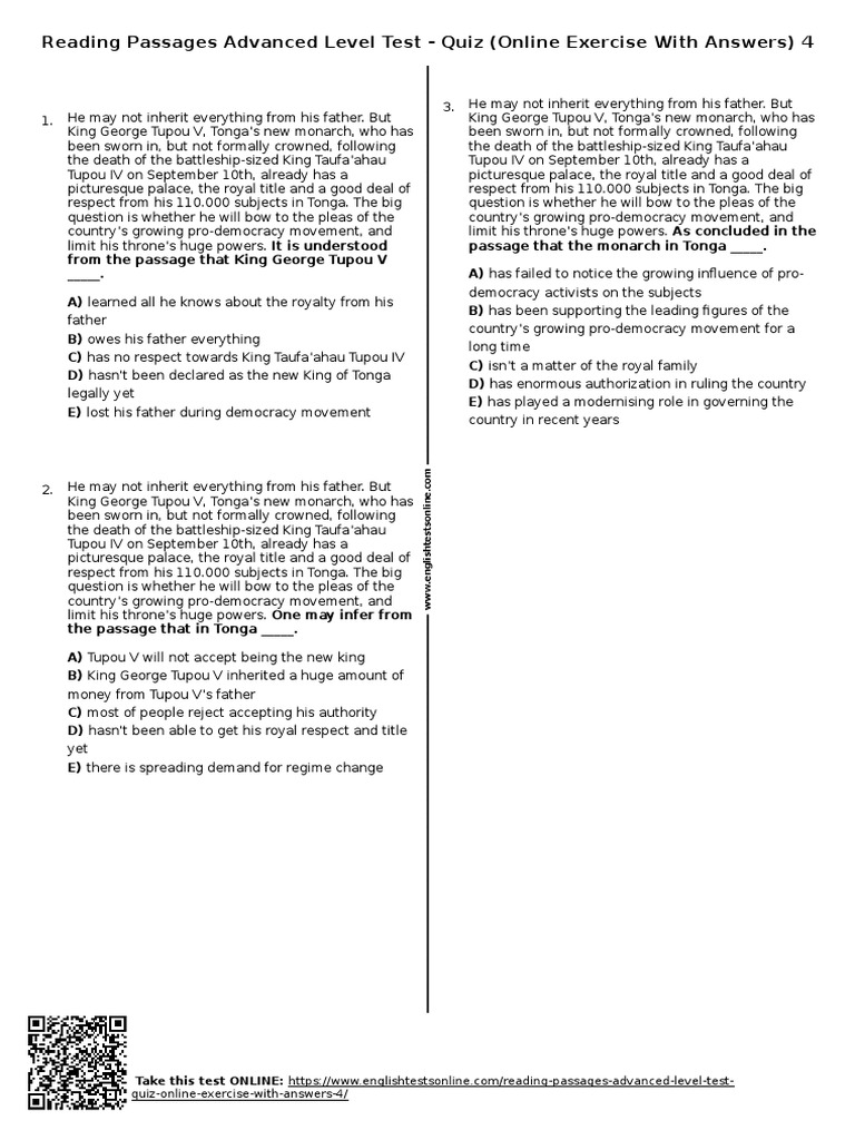 393 - Reading Passages Advanced Level Test Quiz Online Exercise With ...